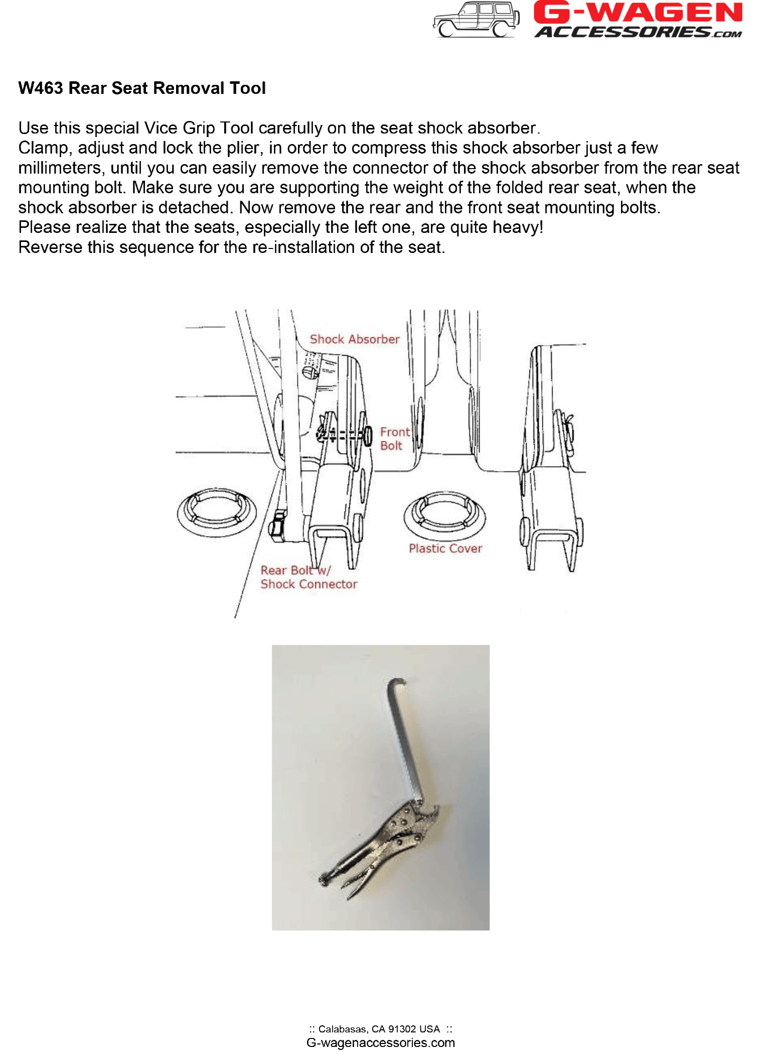 Rear Seat Removal Tool for W463 G-Wagon 1990 to 2018 — G ...
